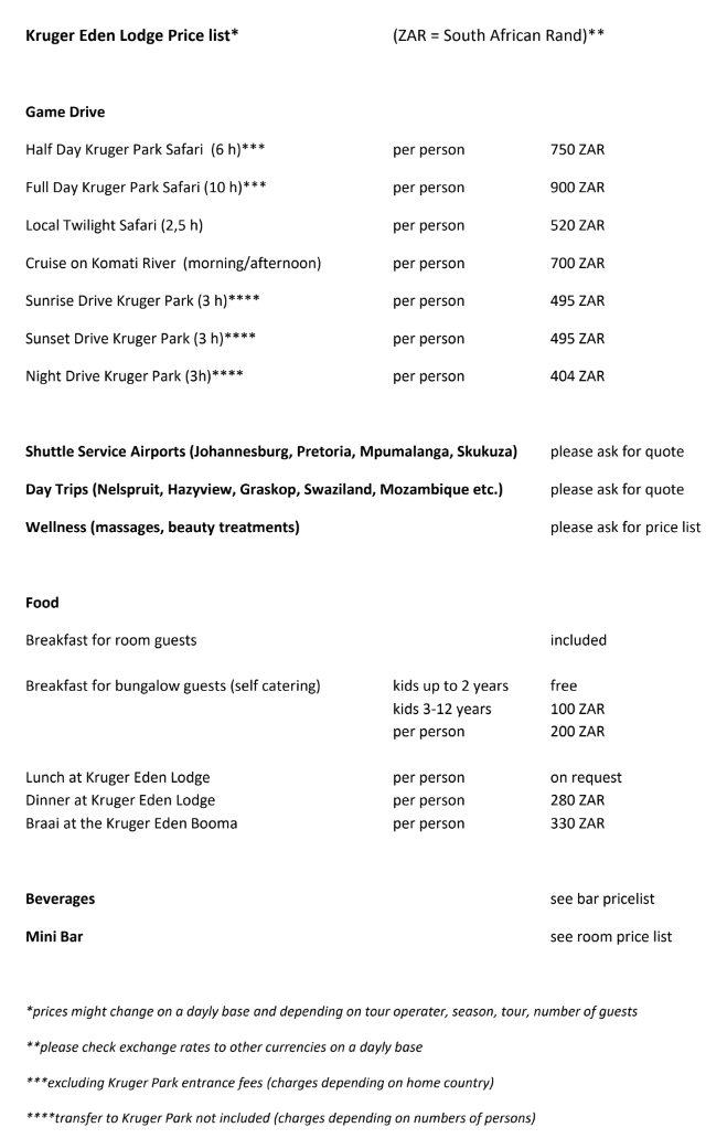 Price List | Kruger Eden Lodge